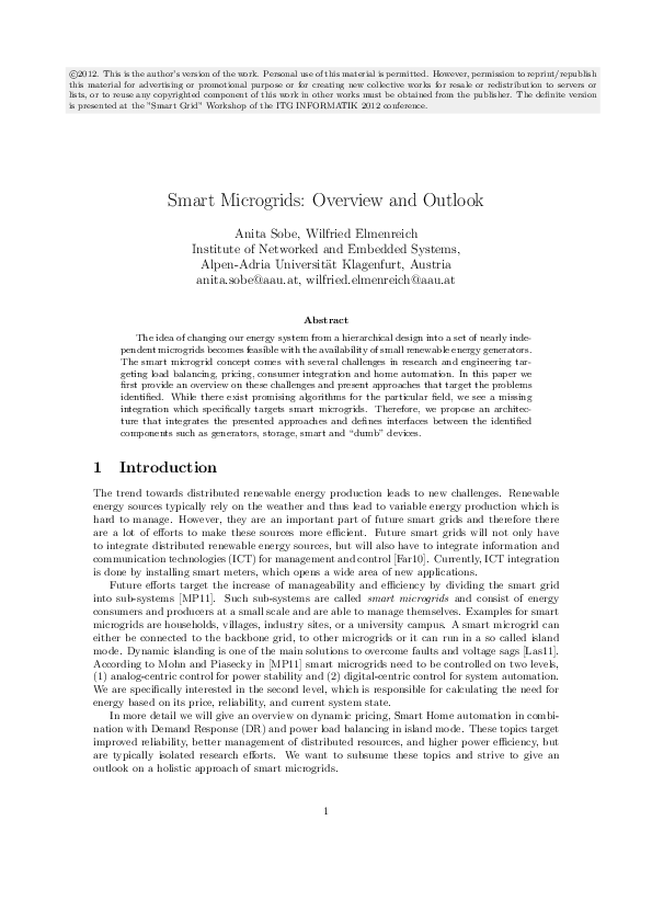 (PDF) Smart Microgrids: Overview and Outlook
