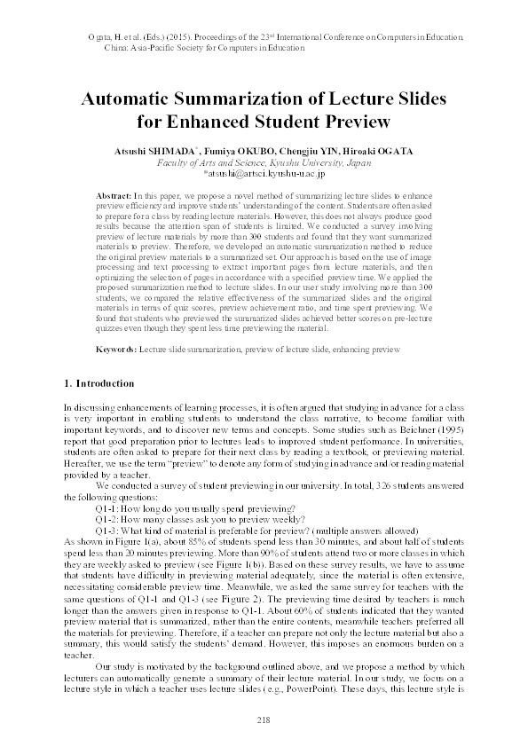 (PDF) Automatic Summarization of Lecture Slides for Enhanced Student Preview