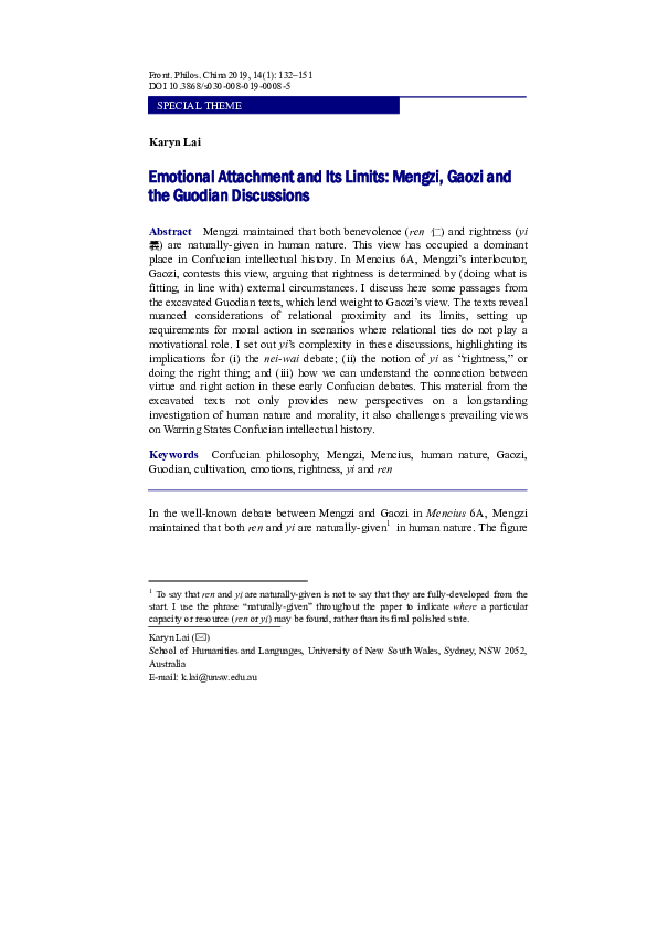 (PDF) Emotional Attachment and Its Limits: Mengzi, Gaozi and the ...