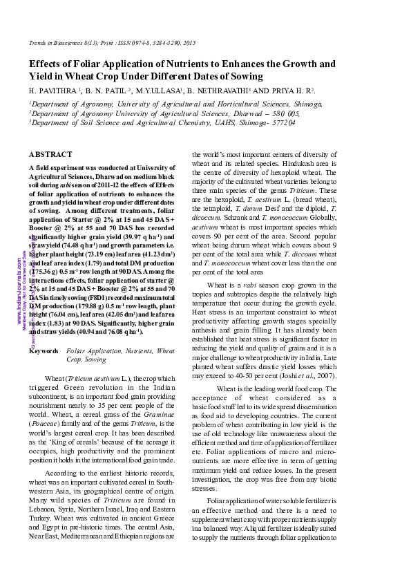 Pdf Effects Of Foliar Application Of Nutrients To Enhances The Growth