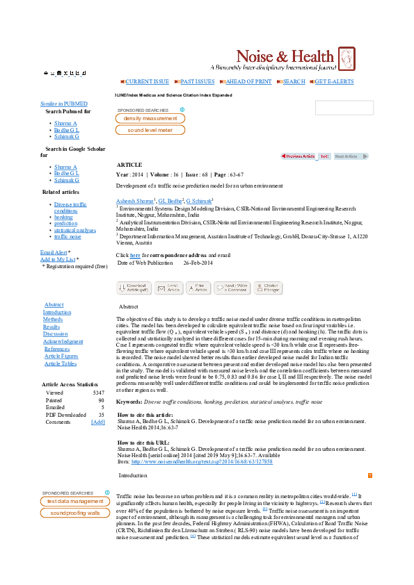 Pdf Development Of A Traffic Noise Prediction Model For An Urban Environment