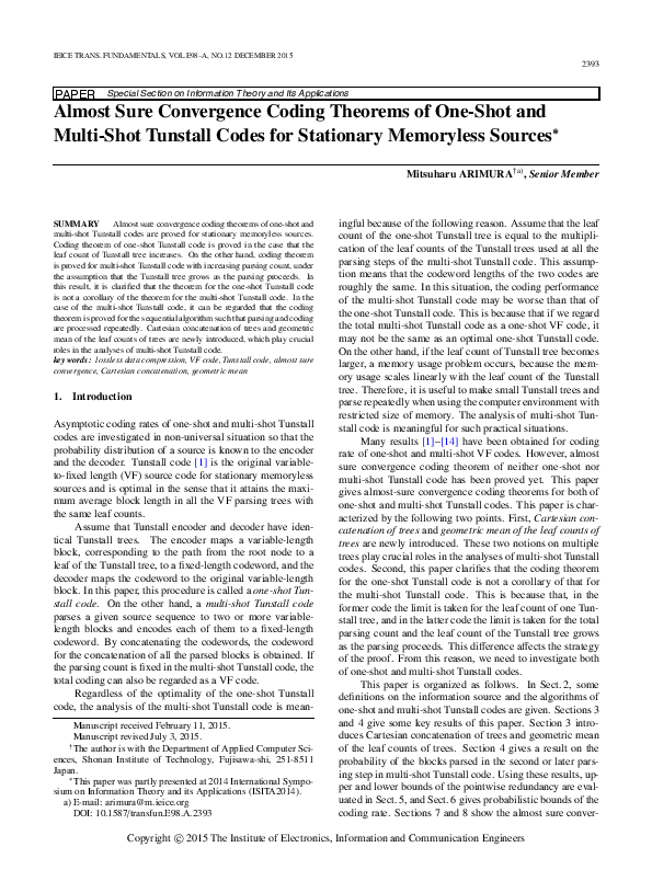 Pdf Almost Sure Convergence Coding Theorems Of One Shot And Multi Shot Tunstall Codes For