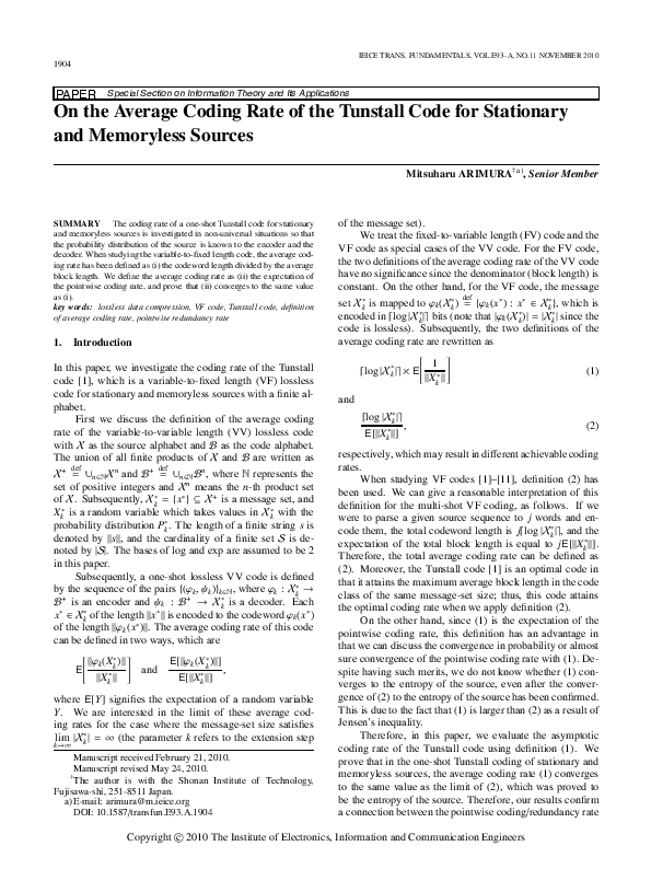 (PDF) On the Average Coding Rate of the Tunstall Code for Stationary and Memoryless Sources