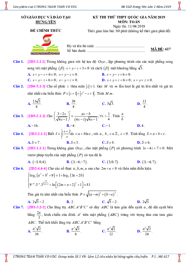 (PDF) Sản phẩm của STRONG TEAM TOÁN VD VDC