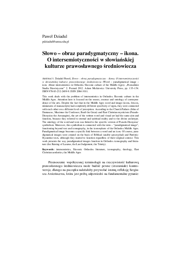 (PDF) Słowo - obraz paradygmatyczny - ikona. O intersemiotyczności w ...