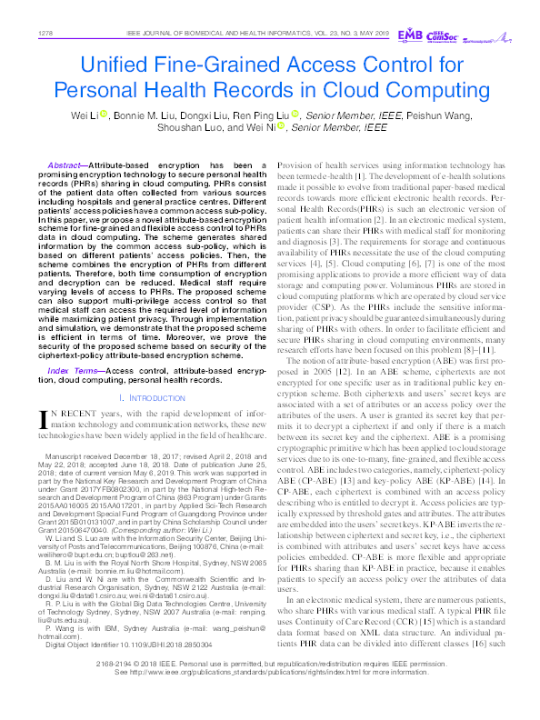 (PDF) Unified Fine-Grained Access Control for Personal Health Records in Cloud Computing