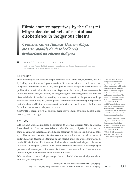 (PDF) Filmic counter-narratives by the Guarani Mbya: decolonial acts of ...