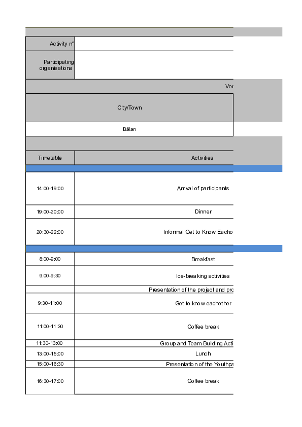 Timetable of activities TEMPLATE | Alex CA - Academia.edu