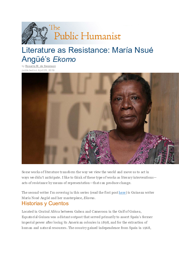 (PDF) Literature as Resistance: María Nsué Angüé's Ekomo