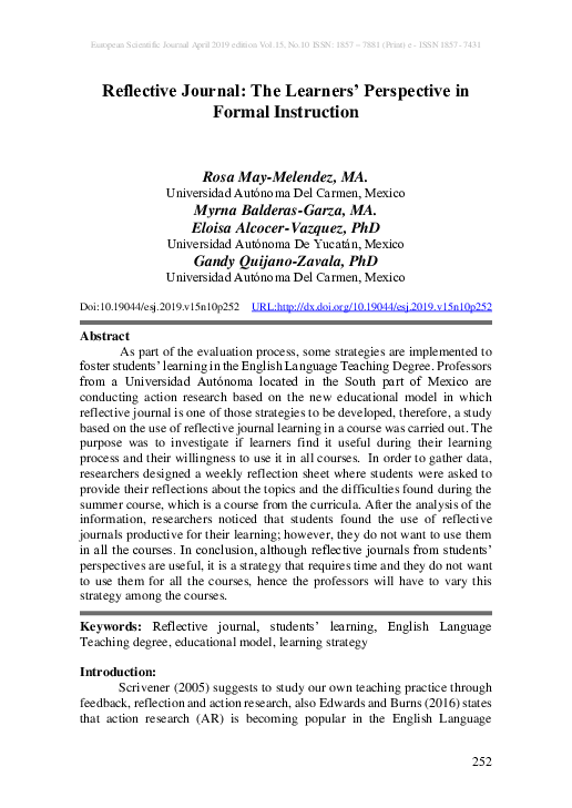 (PDF) Reflective Journal: The Learners' Perspective in Formal Instruction