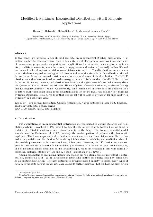 Pdf Modified Beta Linear Exponential Distribution With Hydrologic Applications Muhammad