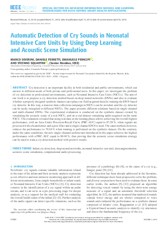 Pdf Automatic Detection Of Cry Sounds In Neonatal Intensive Care Units By Using Deep Learning