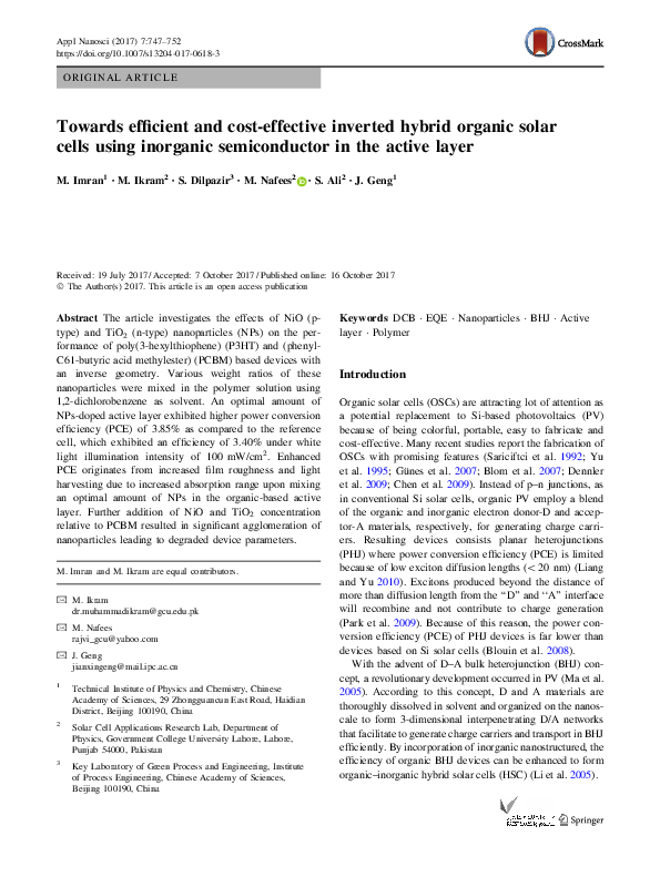 (PDF) Towards efficient and cost-effective inverted hybrid organic solar cells using inorganic ...
