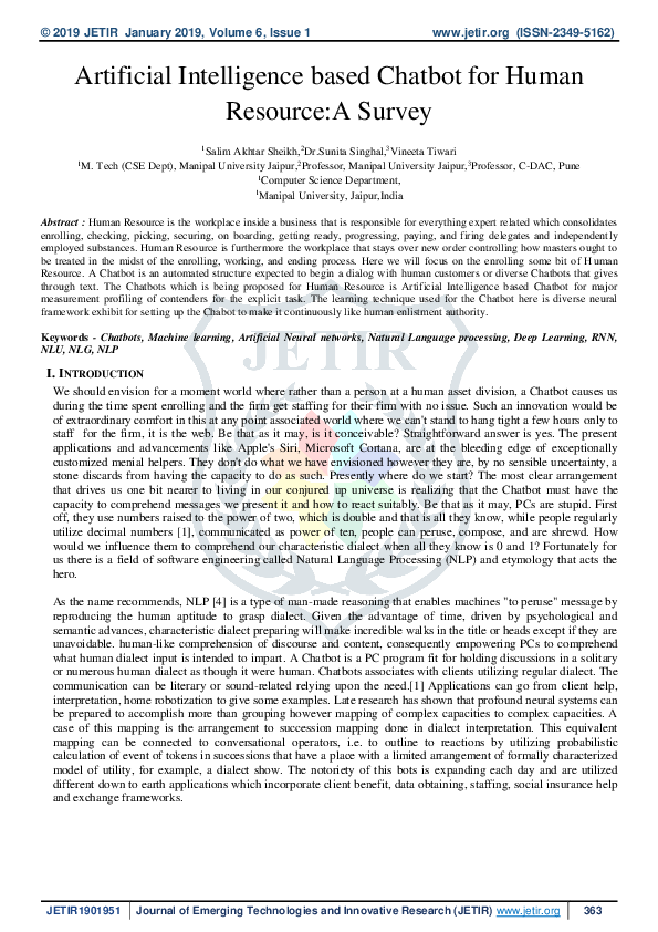 (PDF) Artificial Intelligence based Chatbot for Human Resource:A Survey