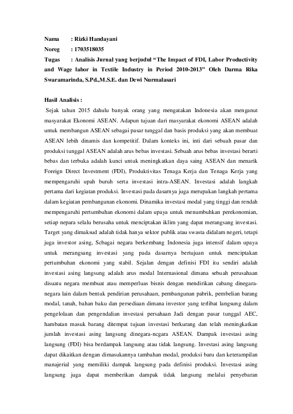 (DOC) Analisis Jurnal The Impact of FDI Labor Productivity and Wage ...