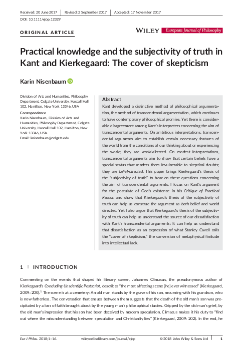 (PDF) Practical knowledge and the subjectivity of truth in Kant and ...