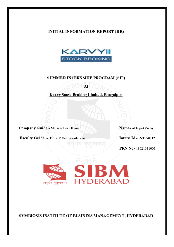 (PDF) INITIAL INFORMATION REPORT (IIR) SUMMER INTERNSHIP PROGRAM (SIP ...