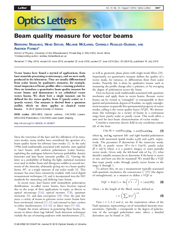 (PDF) Beam quality measure for vector beams