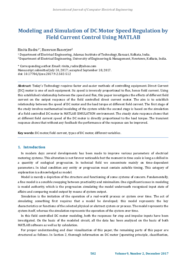 (PDF) Modeling and Simulation of DC Motor Speed Regulation by Field ...
