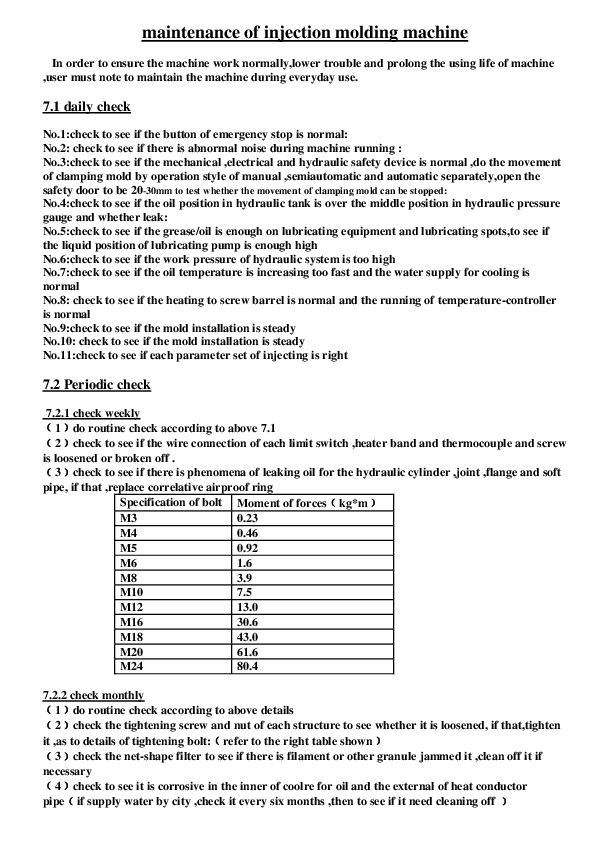 (DOC) maintenance of injection molding machine