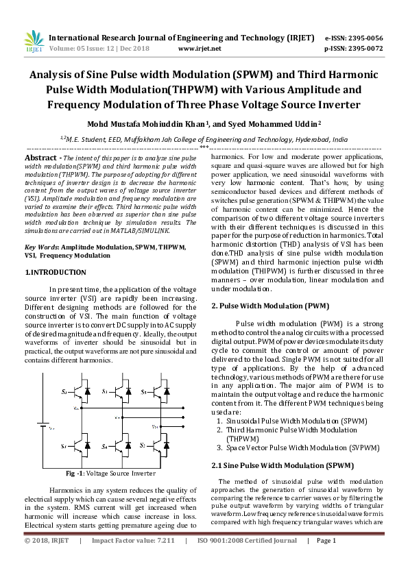 (PDF) SPWM and THPWM with Various Amplitude and Frequency Modulation of Three Phase VSI