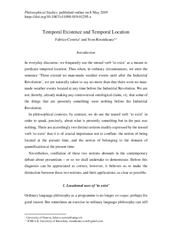 (PDF) Temporal Existence and Temporal Location