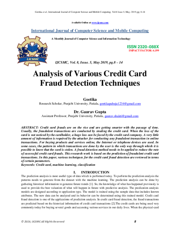 (PDF) Analysis of Various Credit Card Fraud Detection Techniques﻿ | IJCSMC Journal - Academia.edu