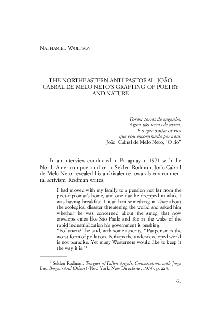 (PDF) The Northeastern Anti-Pastoral: João Cabral de Melo Neto's ...