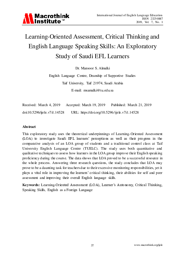 (PDF) Learning-Oriented Assessment, Critical Thinking and English Language Speaking Skills: An ...