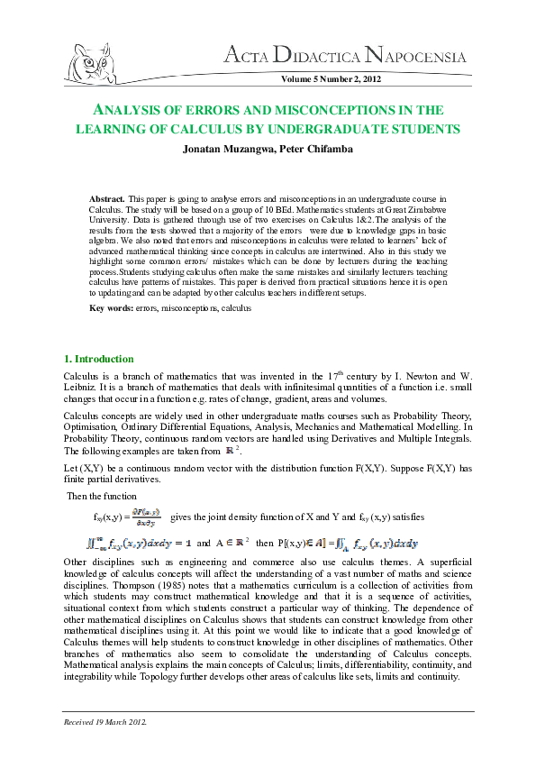 (PDF) Volume 5 Number 2, 2012 ANALYSIS OF ERRORS AND MISCONCEPTIONS IN THE LEARNING OF CALCULUS ...