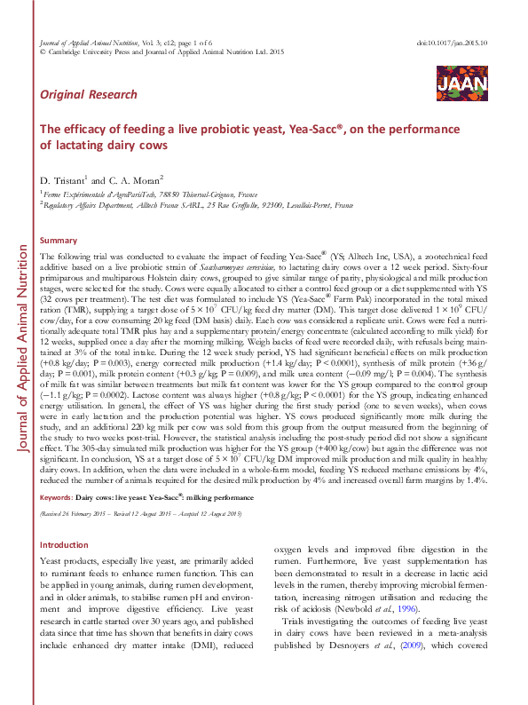 (PDF) The efficacy of feeding a live probiotic yeast, Yea-Sacc®, on the ...