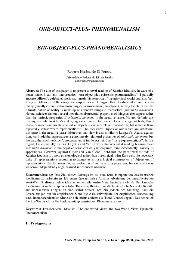 (DOC) ONE-OBJECT-PLUS-PHENOMENALISM EIN-OBJEKT-PLUS-PHÄNOMENALISMUS