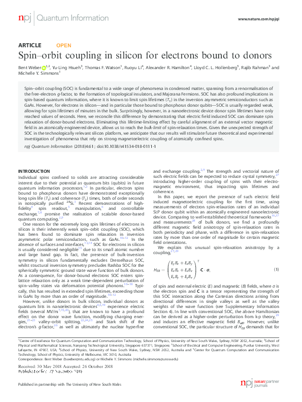(PDF) Strong Electric Field Effects on Spin-Orbit Coupling in Silicon