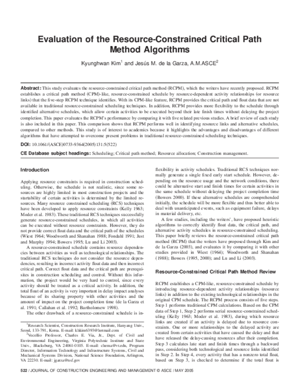 Pdf Evaluation Of The Resource Constrained Critical Path Method Algorithms