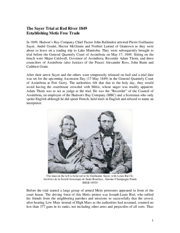 (PDF) The Sayer Trial at Red River 1849: Establishing Metis Free Trade