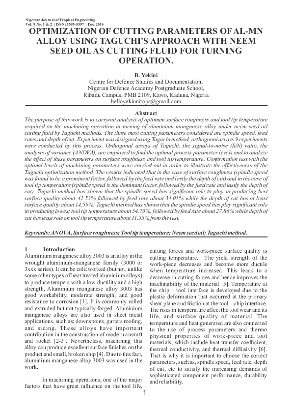 Pdf Optimization Of Cutting Parameters Of Al Mn Alloy Using Taguchi S