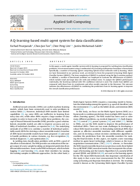 Pdf A Q Learning Based Multi Agent System For Data Classification