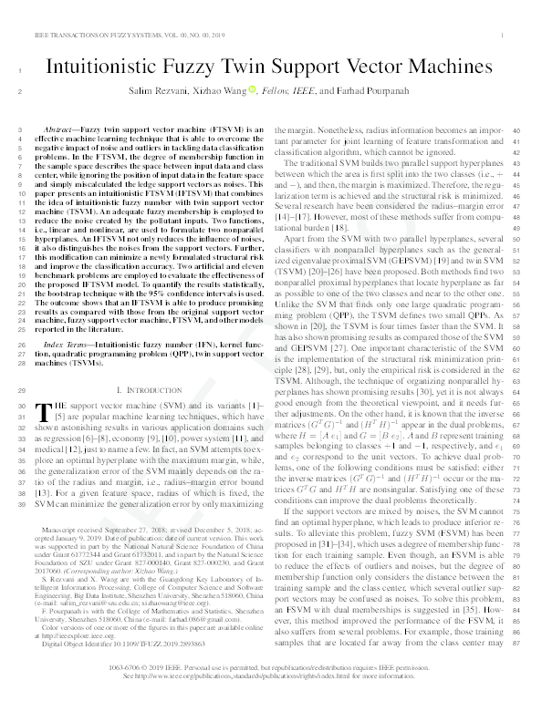 Pdf Intuitionistic Fuzzy Twin Support Vector Machines 1 Farhad Pourpanah