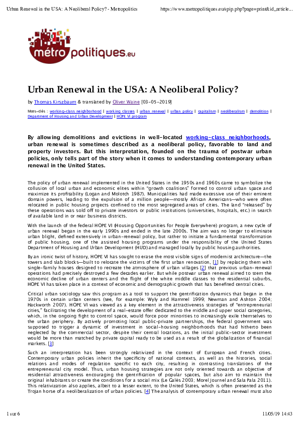 (PDF) Urban Renewal in the USA: A Neoliberal Policy