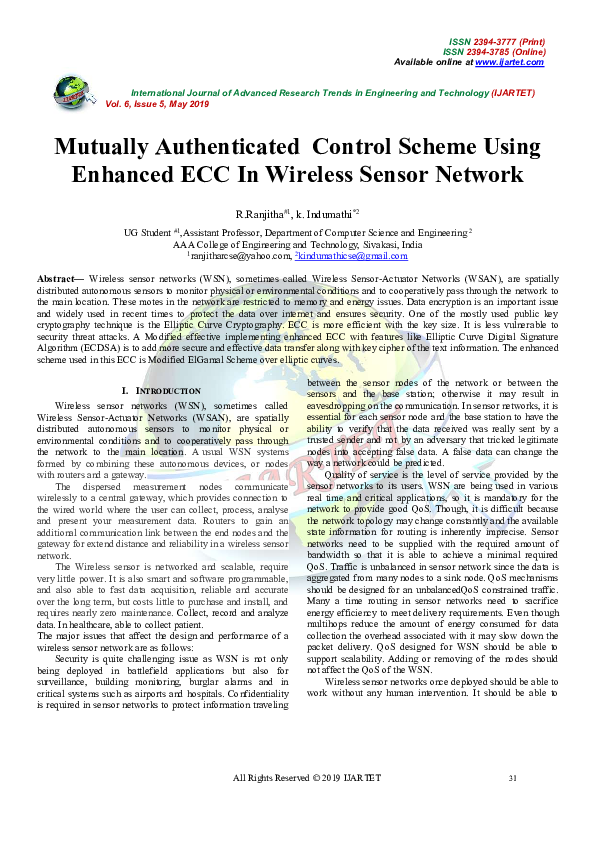 Pdf Mutually Authenticated Control Scheme Using Enhanced Ecc In Wireless Sensor Network