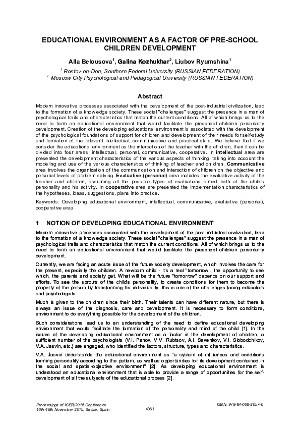 (PDF) EDUCATIONAL ENVIRONMENT AS A FACTOR OF PRE-SCHOOL CHILDREN ...