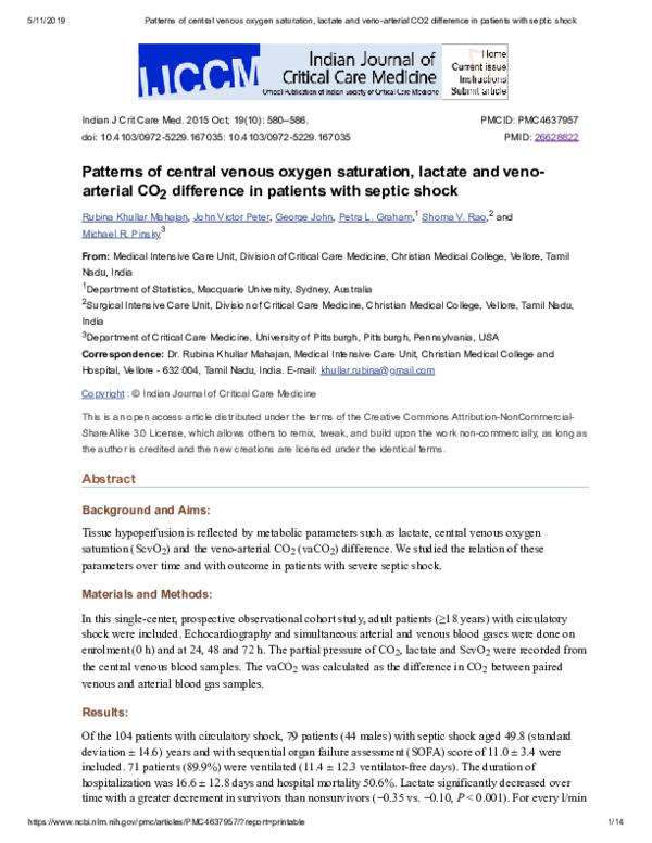 (PDF) Patterns of central venous oxygen saturation, lactate and veno- arterial CO difference in ...