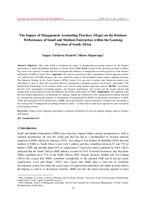 (PDF) The Impact of Management Accounting Practices (Maps) on the Business Performance of Small ...