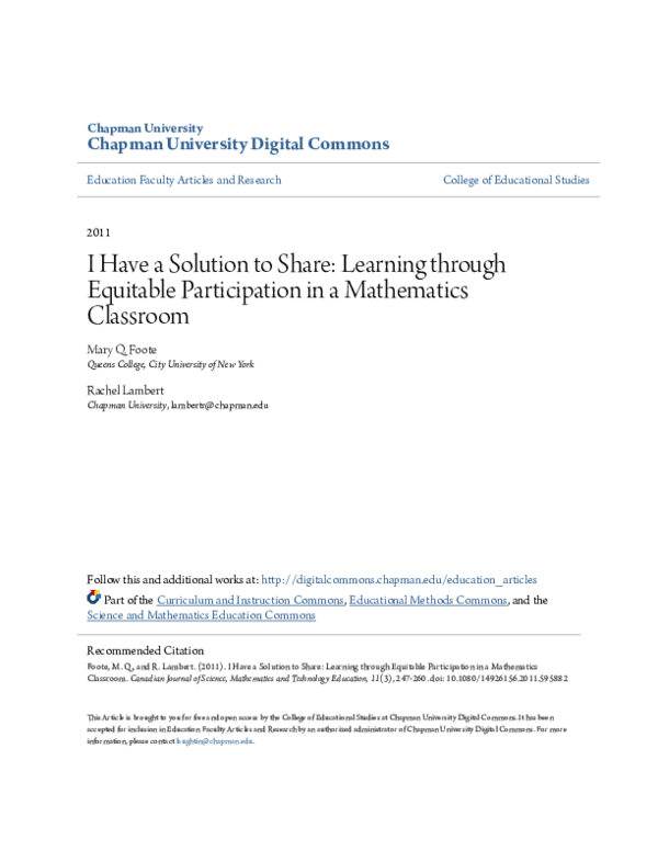 (PDF) I Have a Solution to Share: Learning through Equitable ...