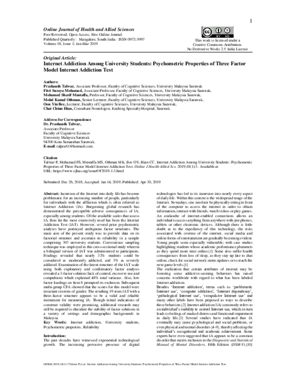 (PDF) Internet Addiction Among University Students: Psychometric ...