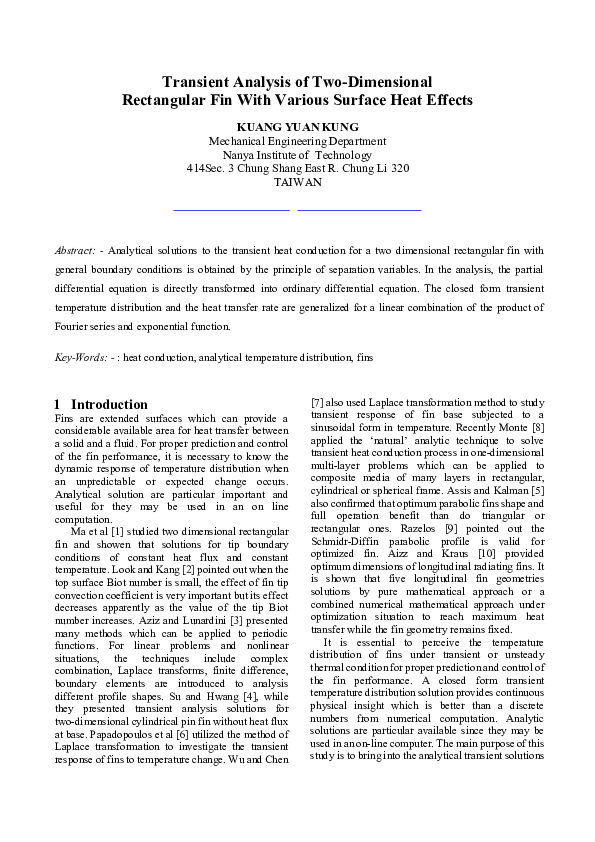 Pdf Transient Analysis Of Two Dimensional Rectangular Fin With
