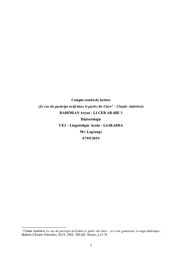 (PDF) Compte-rendu de lecture (Le cas du participe actif dans le parler ...