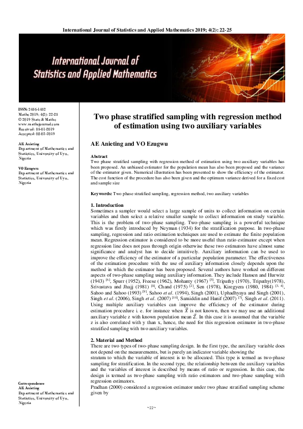 Pdf Paper1 Two Phase Stratified Sampling With Regression Method Of Estimation Using Two