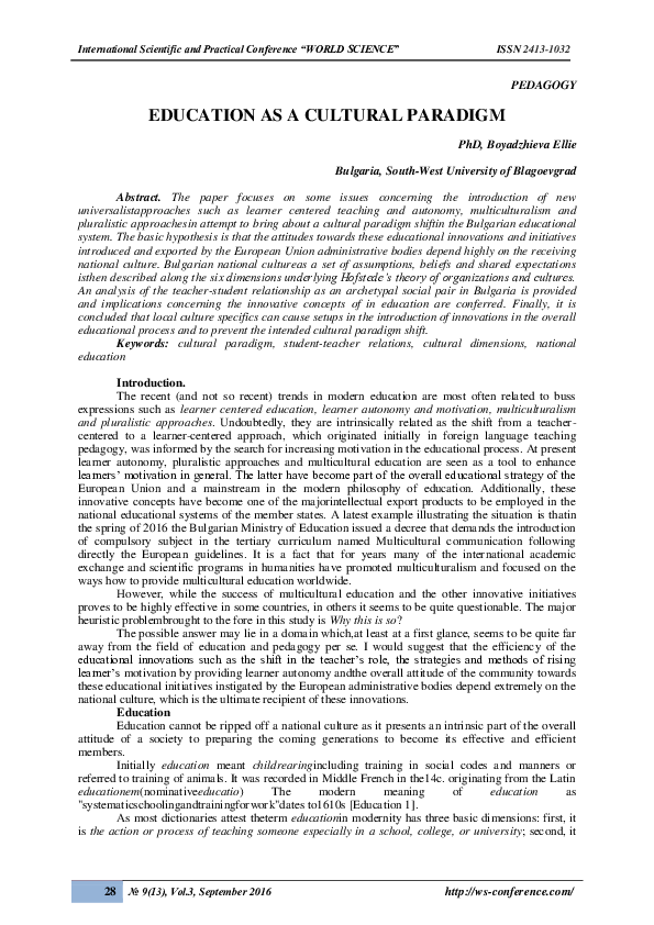 (PDF) EDUCATION AS A CULTURAL PARADIGM