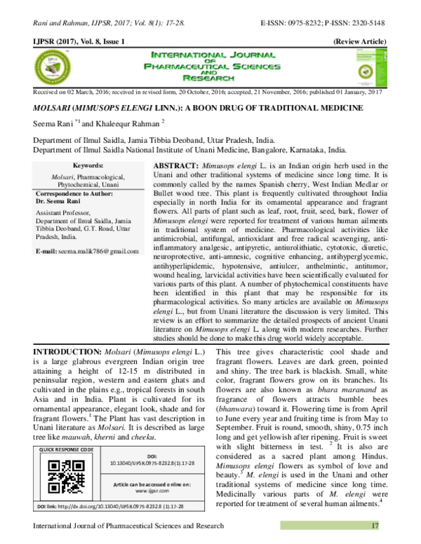 (PDF) MOLSARI (MIMUSOPS ELENGI LINN.): A BOON DRUG OF TRADITIONAL MEDICINE
